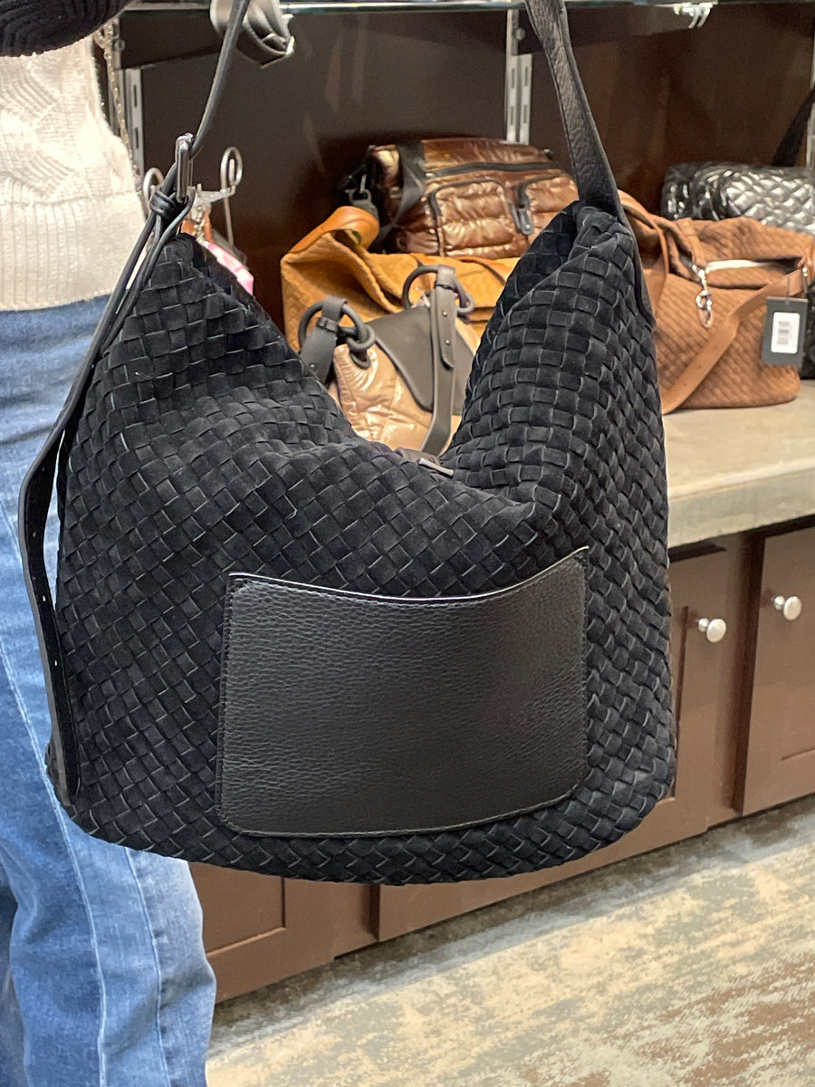 Haute Shore Sandy Hobo Handbag in Woven Black Faux Suede - CLEARANCE ...